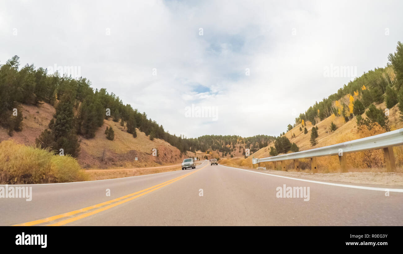 Driving on mountain highway 67 to Colorado Springs in Autumn Stock ...