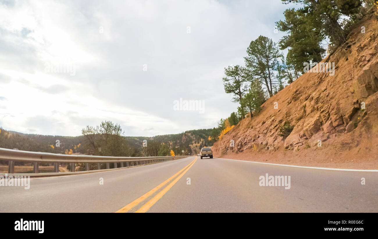 Driving on mountain highway 67 to Colorado Springs in Autumn Stock ...