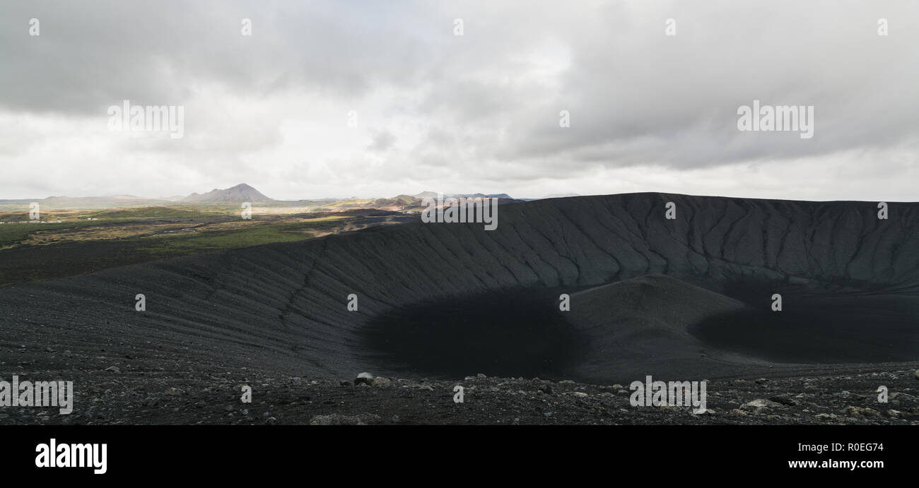 Panoramic view of Hverfjall volcano crater in Myvatn area, Iceland ...