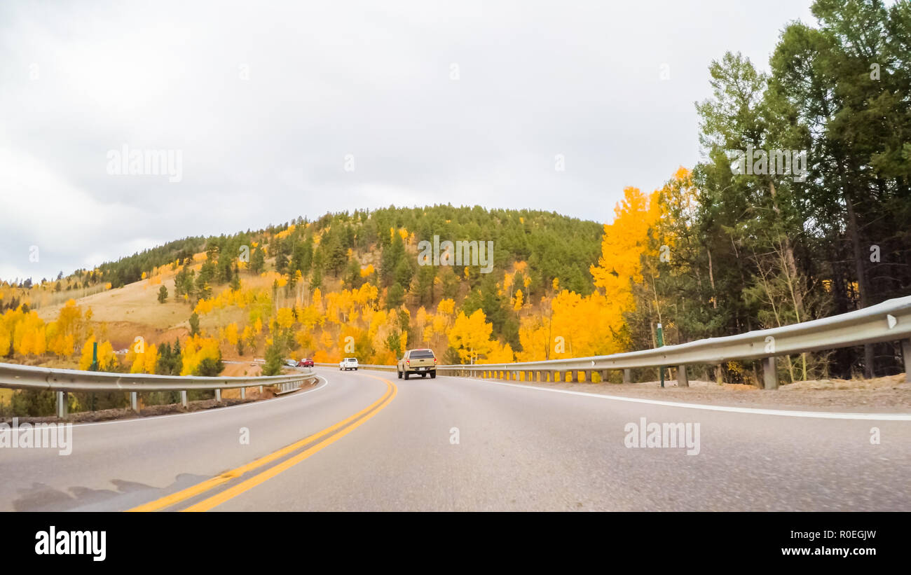 Driving on mountain highway 67 to Colorado Springs in Autumn Stock ...