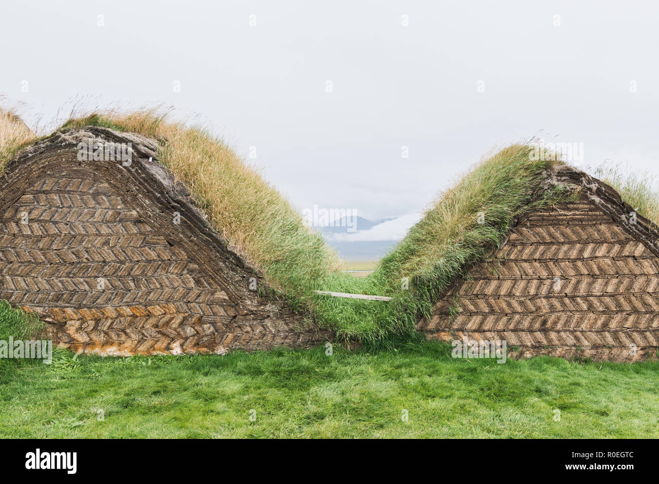 VERMAHLID, ICELAND - AUGUST 2018: traditional Icelandic turf houses ...