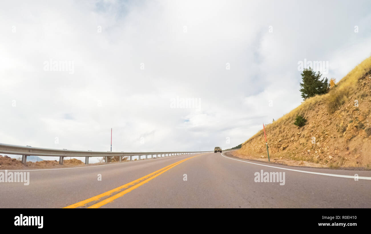 Driving on mountain highway 67 to Colorado Springs in Autumn Stock ...