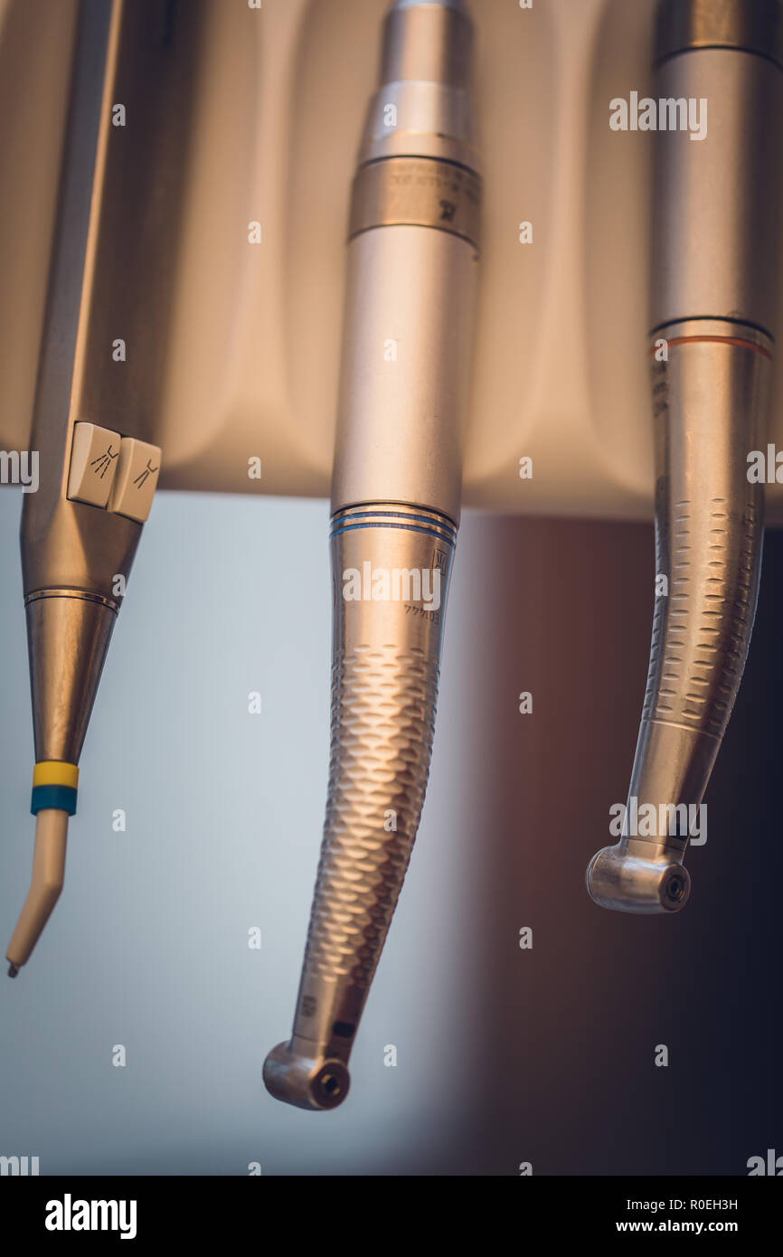Detailed close up of different dental instruments and tools, dentistry ...