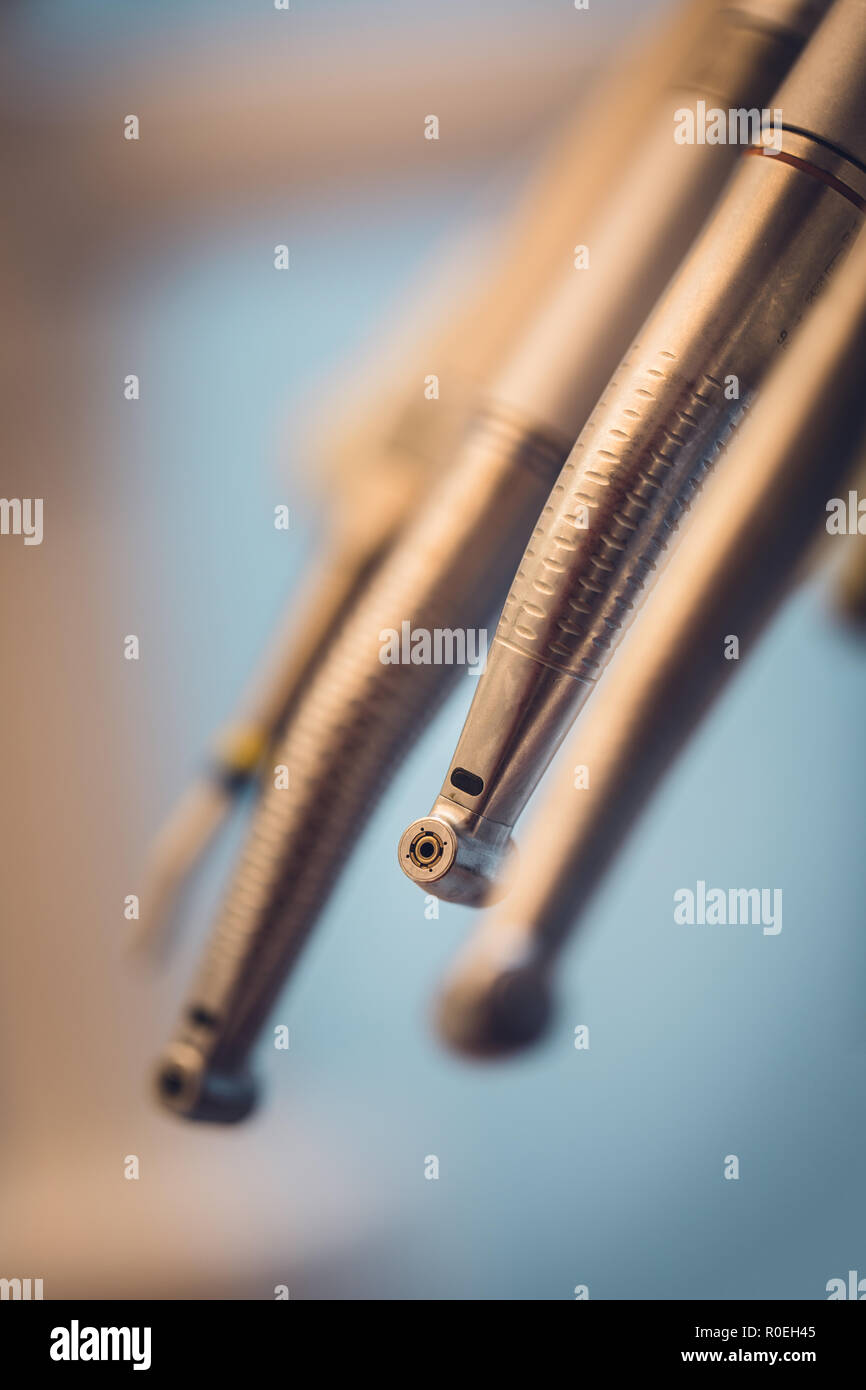 Detailed close up of different dental instruments and tools, dentistry ...