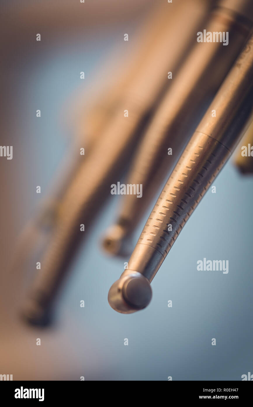 Detailed close up of different dental instruments and tools, dentistry ...