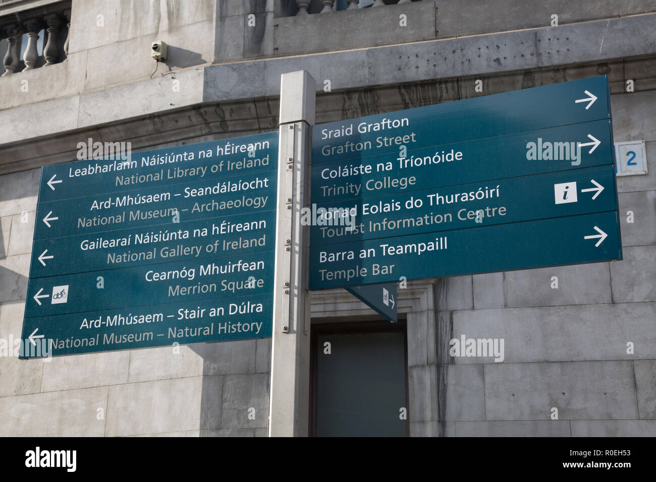 Dublin Landmark Signpost; Ireland in Irish Gaelic and English Languages ...