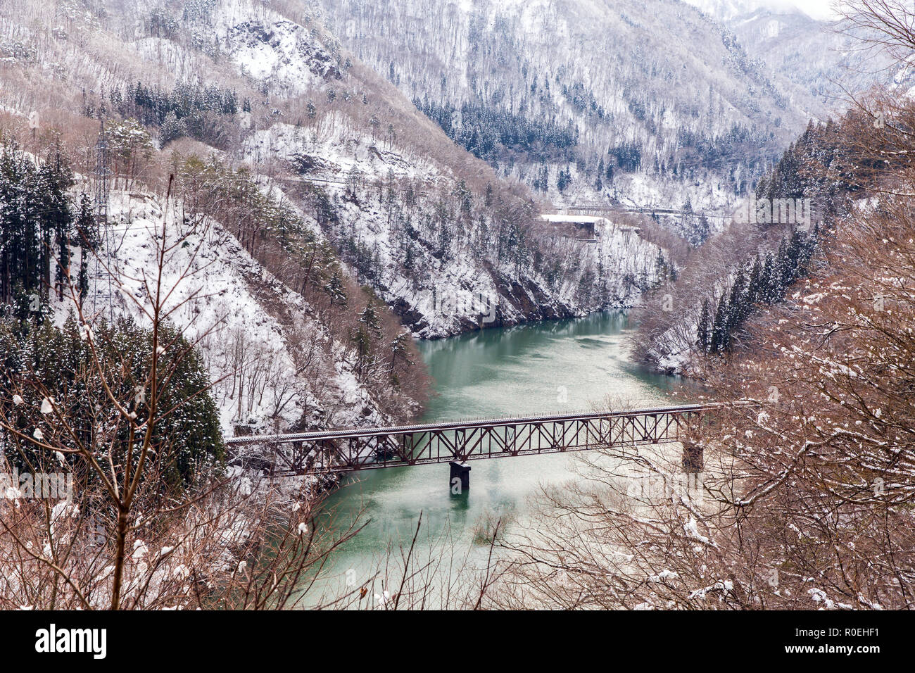 Train in Winter landscape snow on bridge Stock Photo - Alamy