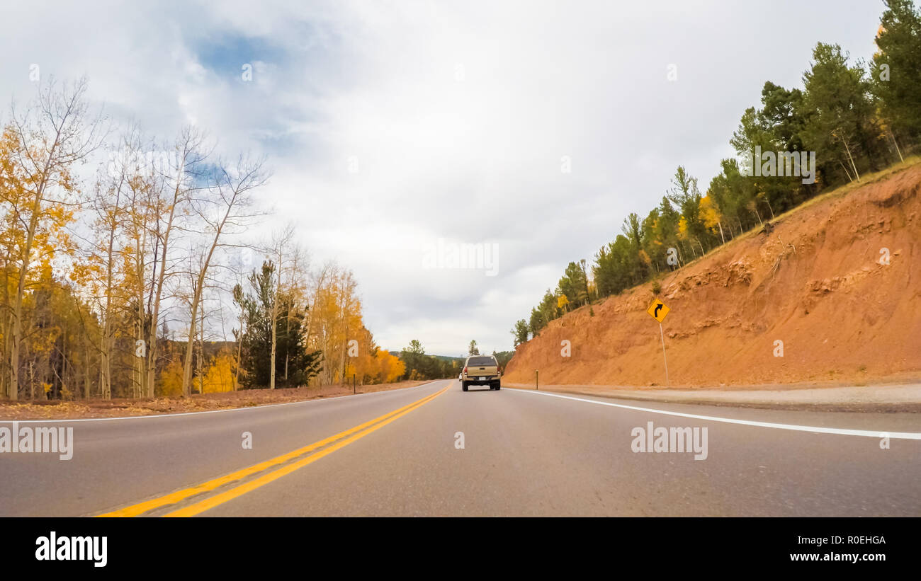 Driving on mountain highway 67 to Colorado Springs in Autumn Stock ...