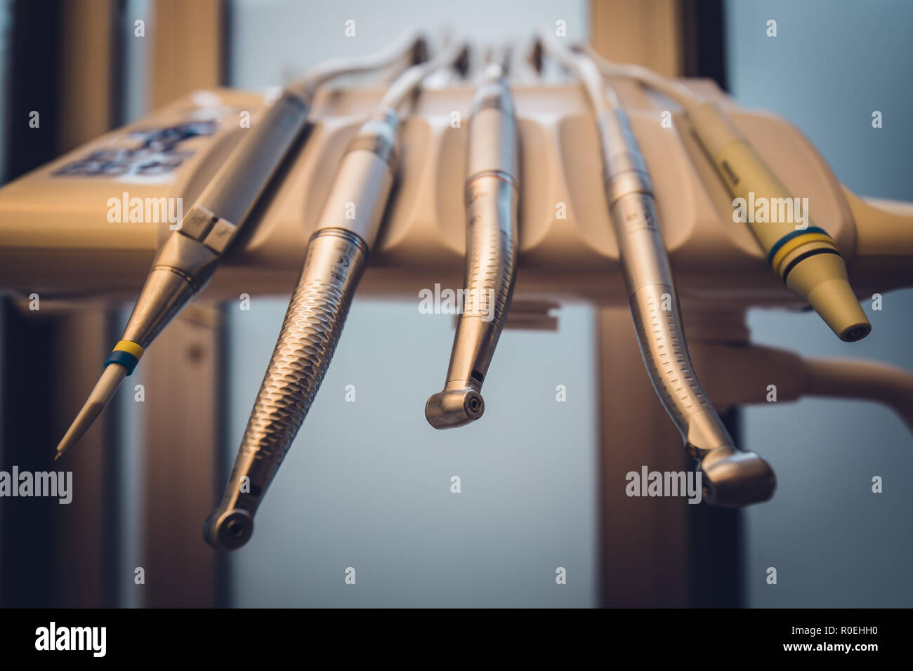 Detailed close up of different dental instruments and tools, dentistry ...