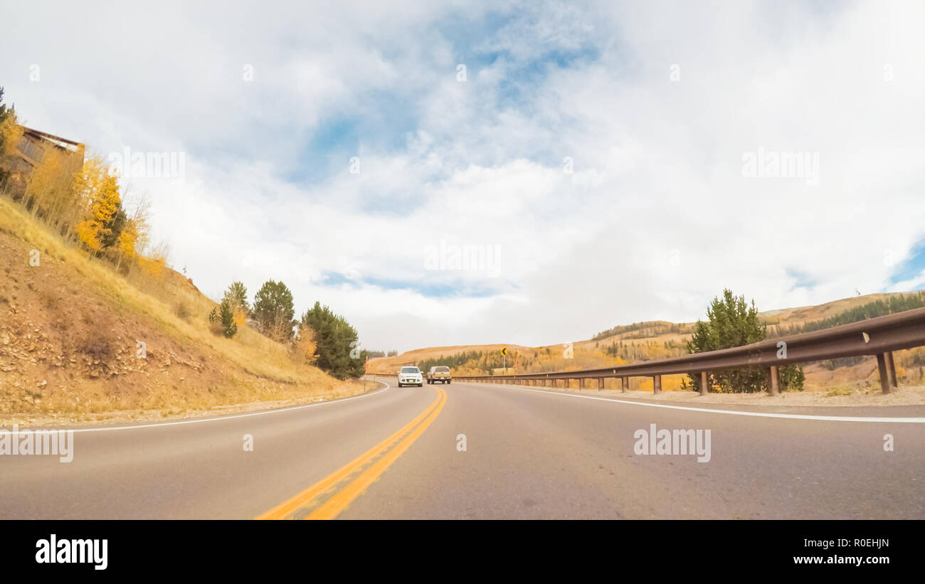 Driving on mountain highway 67 to Colorado Springs in Autumn Stock ...