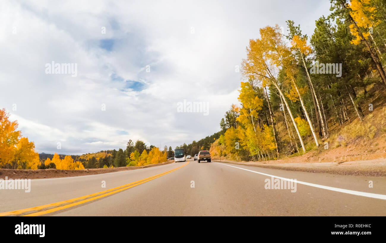 Driving on mountain highway 67 to Colorado Springs in Autumn Stock ...