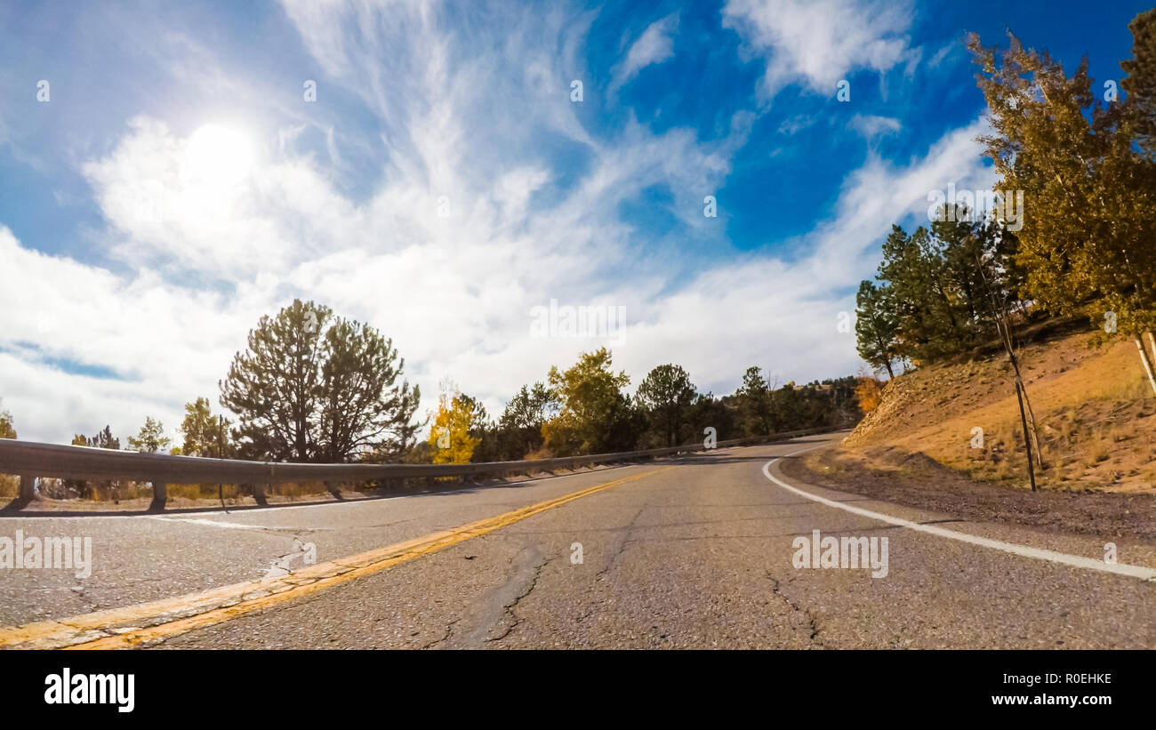 Driving on mountain highway 67 to Colorado Springs in Autumn Stock ...