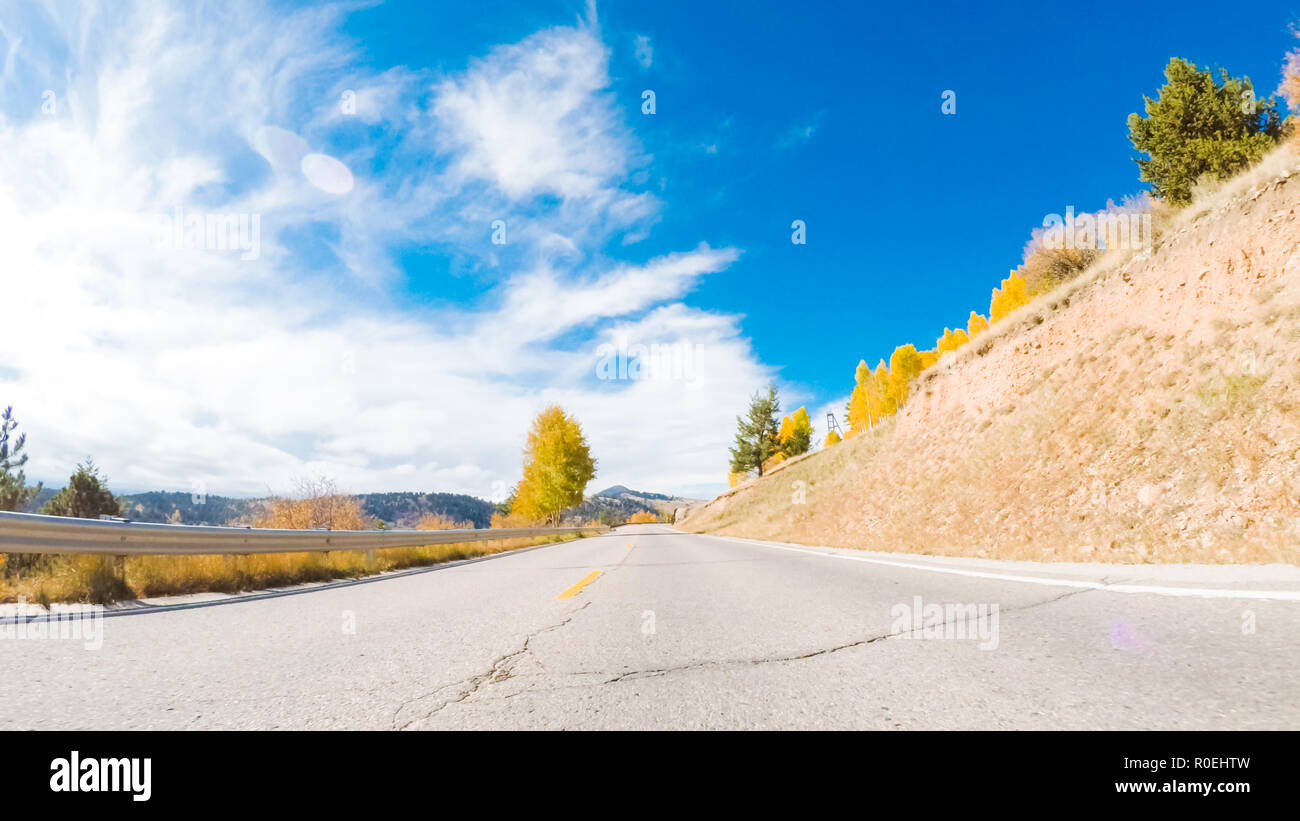 Driving on mountain highway 67 to Colorado Springs in Autumn Stock ...