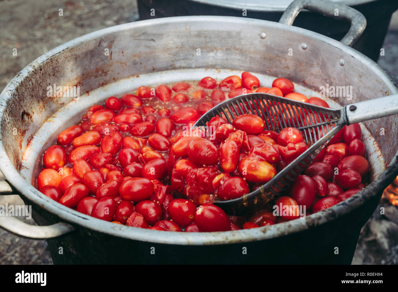 The traditional preparation of the tomato sauce in the south of italy ...