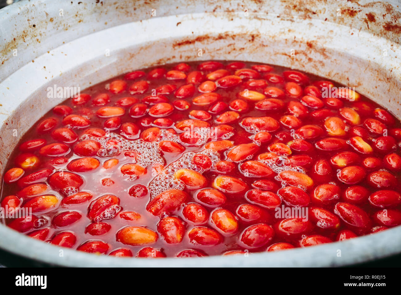 The traditional preparation of the tomato sauce in the south of italy ...