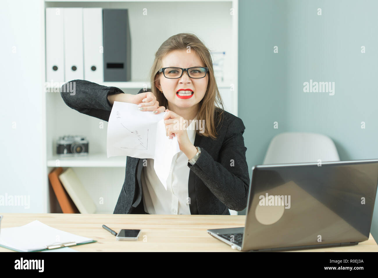 Stress, office, hysteric, people concept - aggressive woman with a lot ...