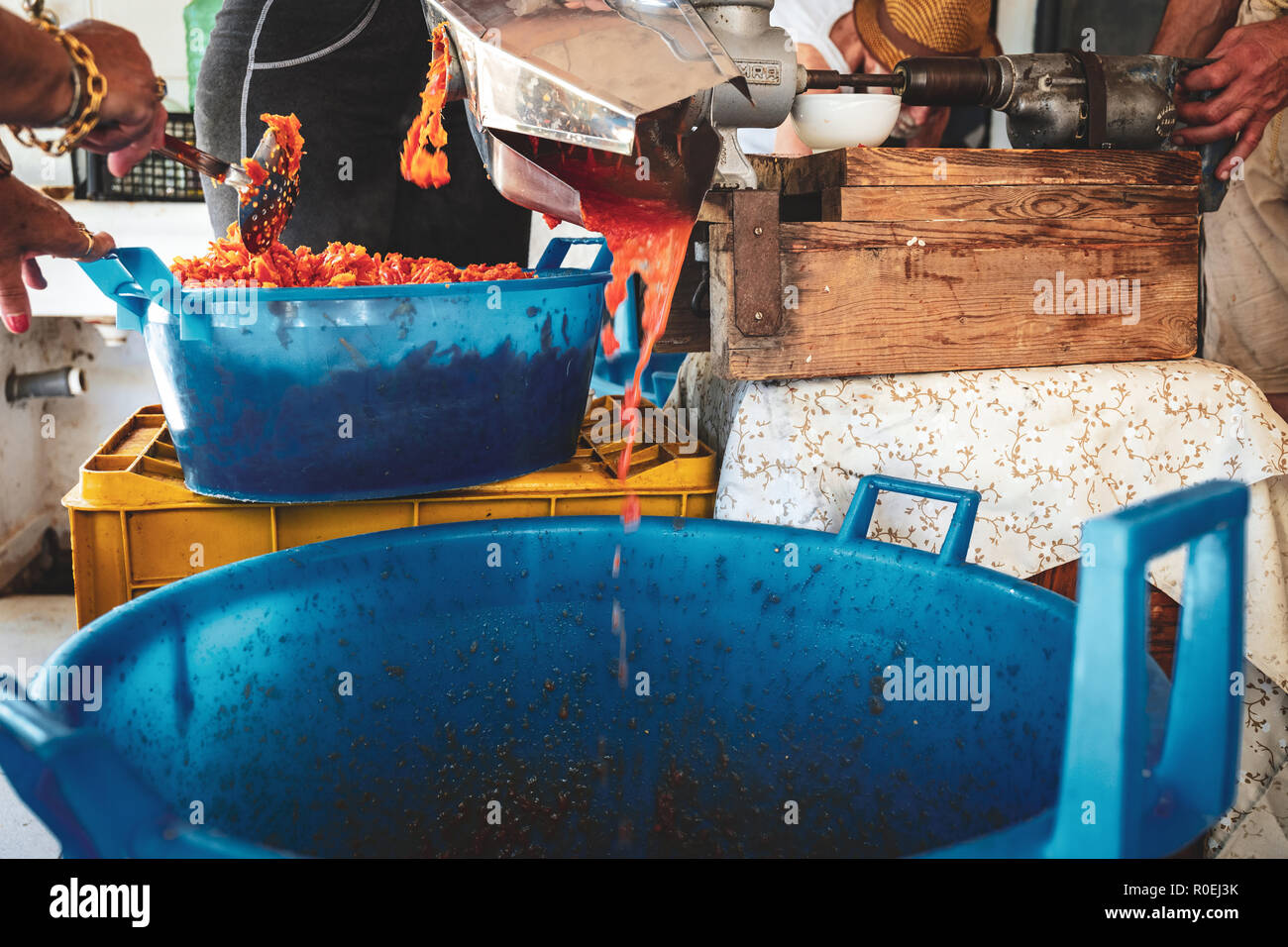The traditional preparation of the tomato sauce in the south of italy ...