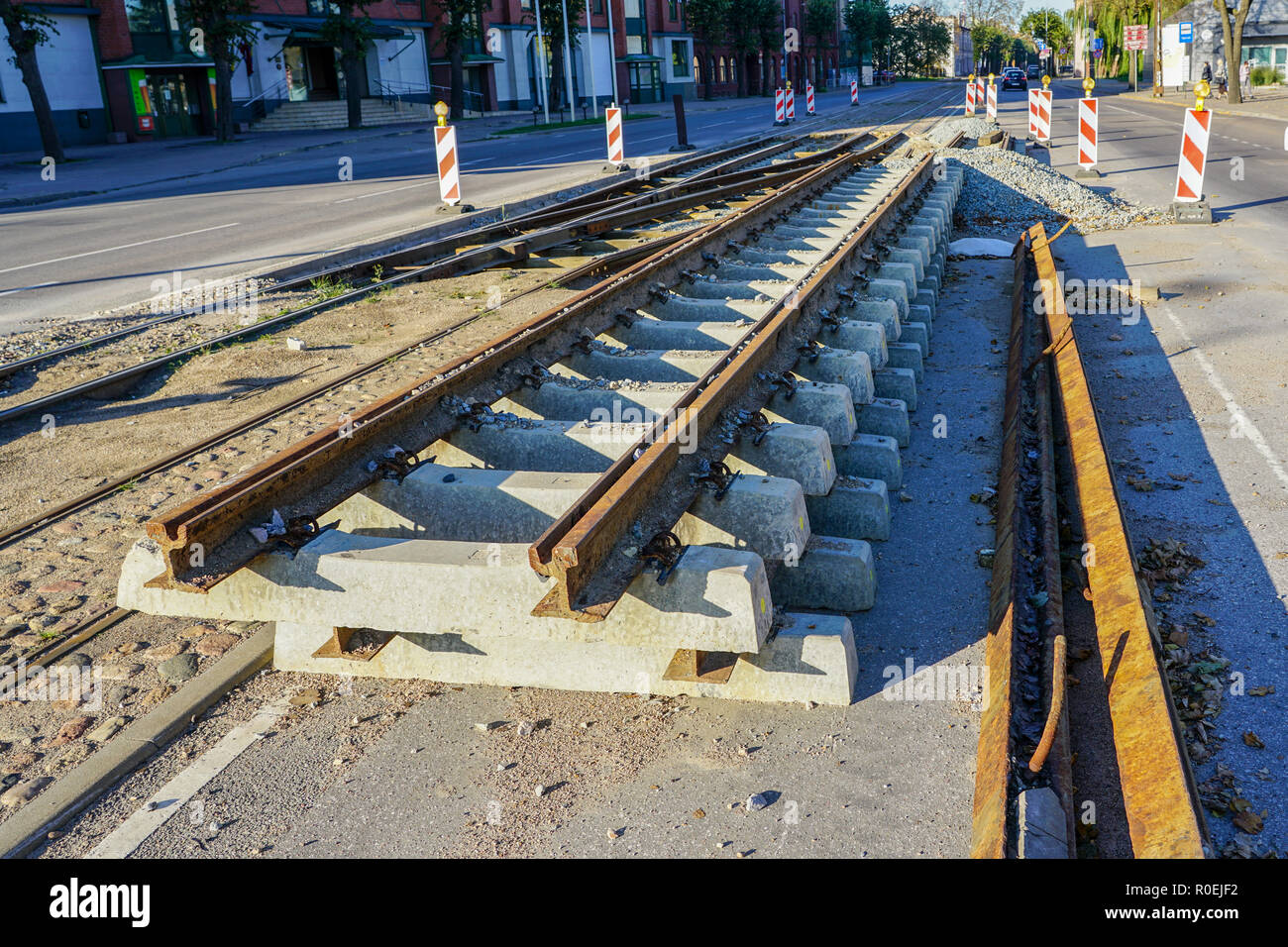replacement of tram rails, railroad reconstruction in city Stock Photo ...