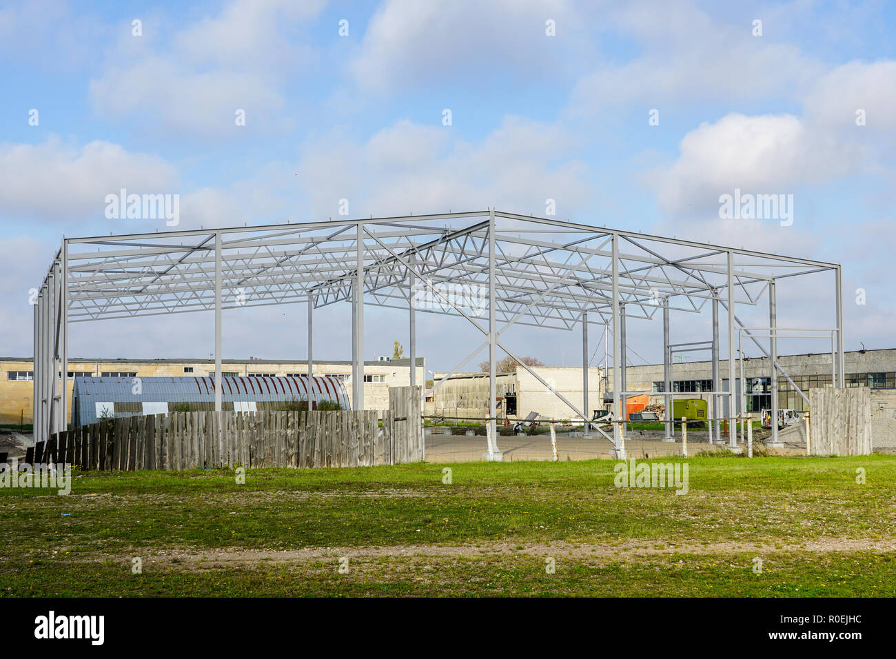 skeleton of metal building under construction, industrial object Stock ...