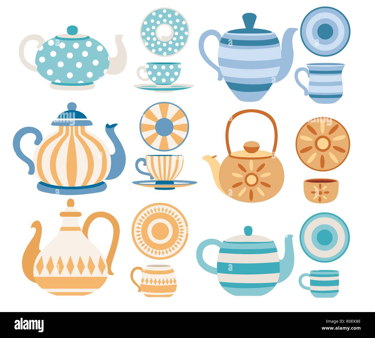 Vector set of teapots and cups with cute patterns. Tea-set cartoon ...