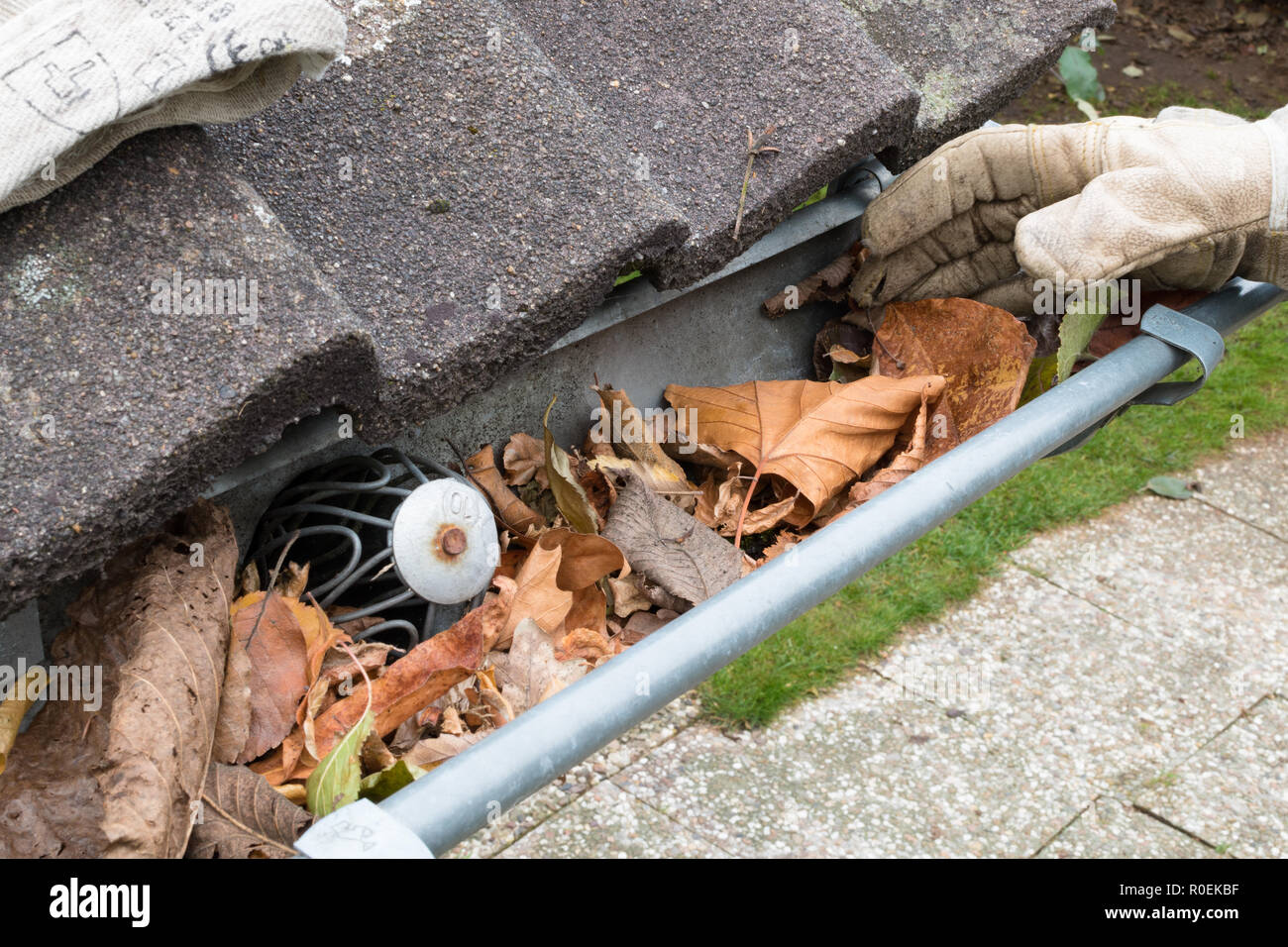Man cleans the gutter Stock Photo - Alamy