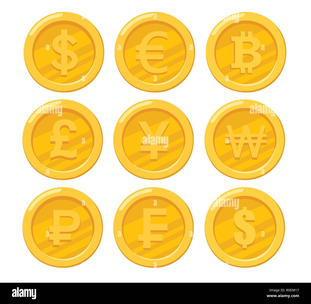 Collection of golden coins. Dollar, euro, ruble, bitcoin, yen. Nine ...