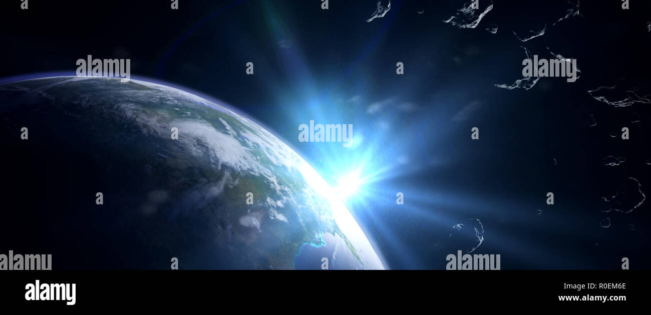 a swarm of asteroids moving towards planet Earth Stock Photo - Alamy