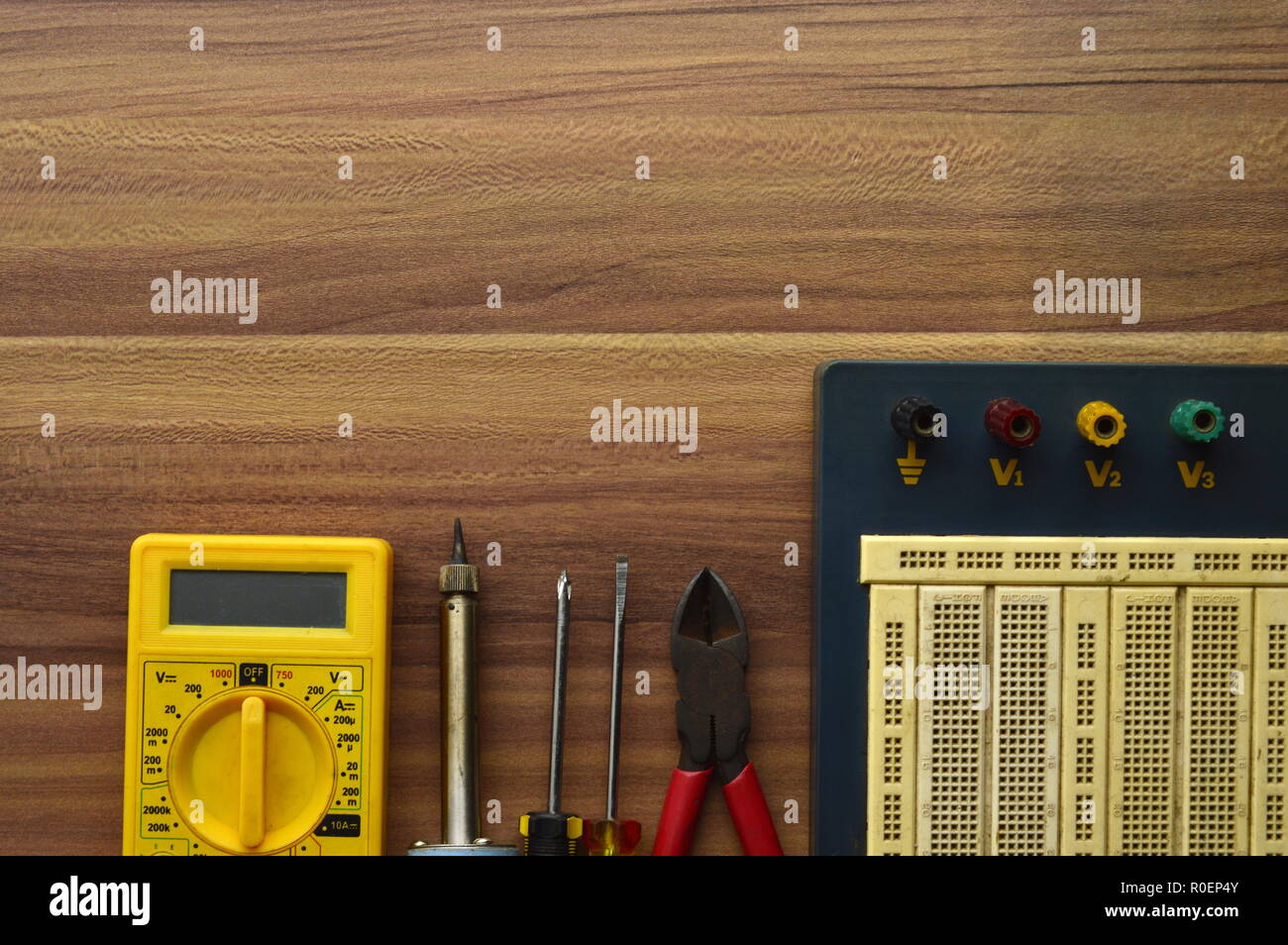 Technology objects background, electronic device on work table Stock ...