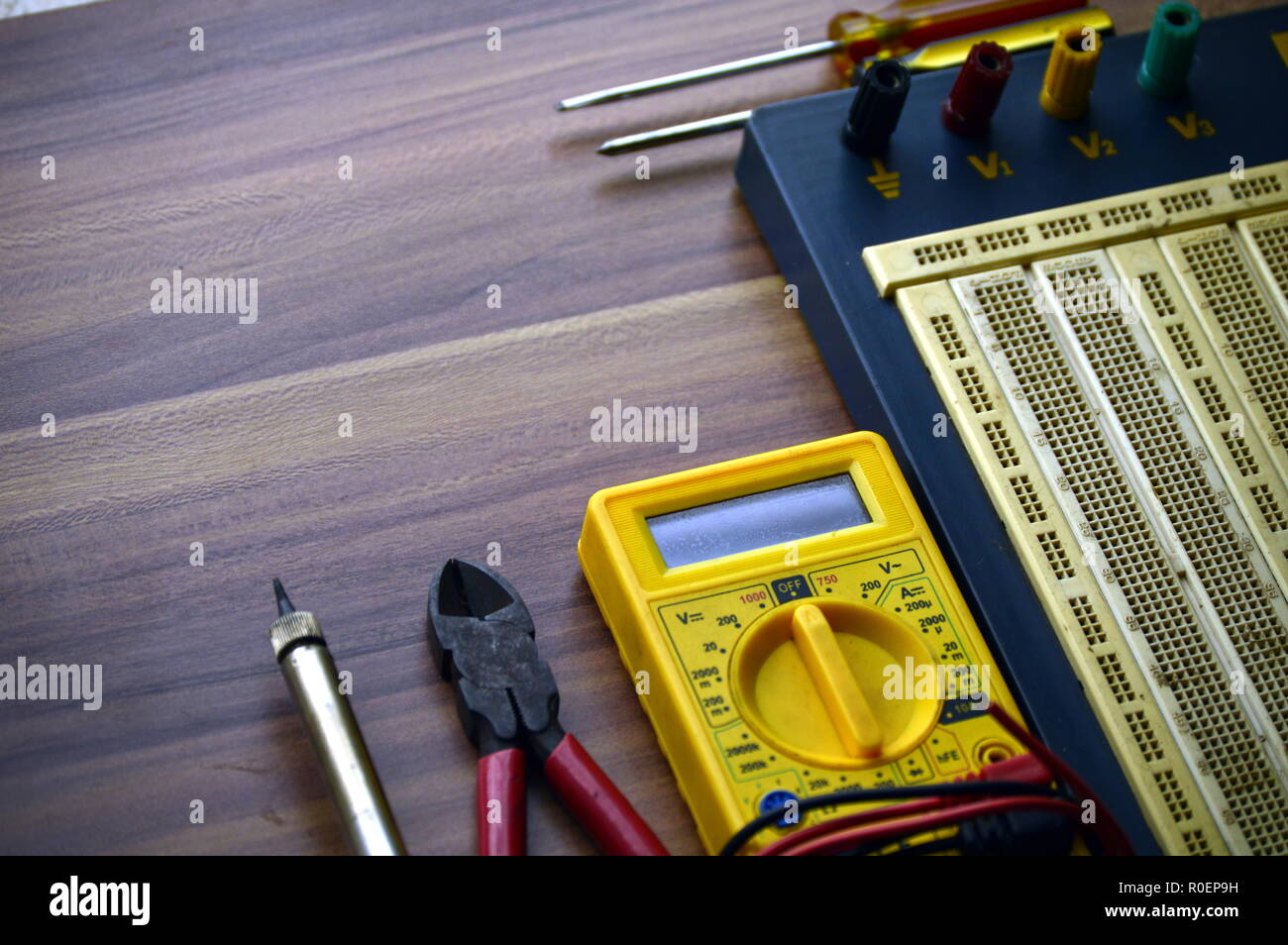 Technology objects background, electronic device on work table Stock ...