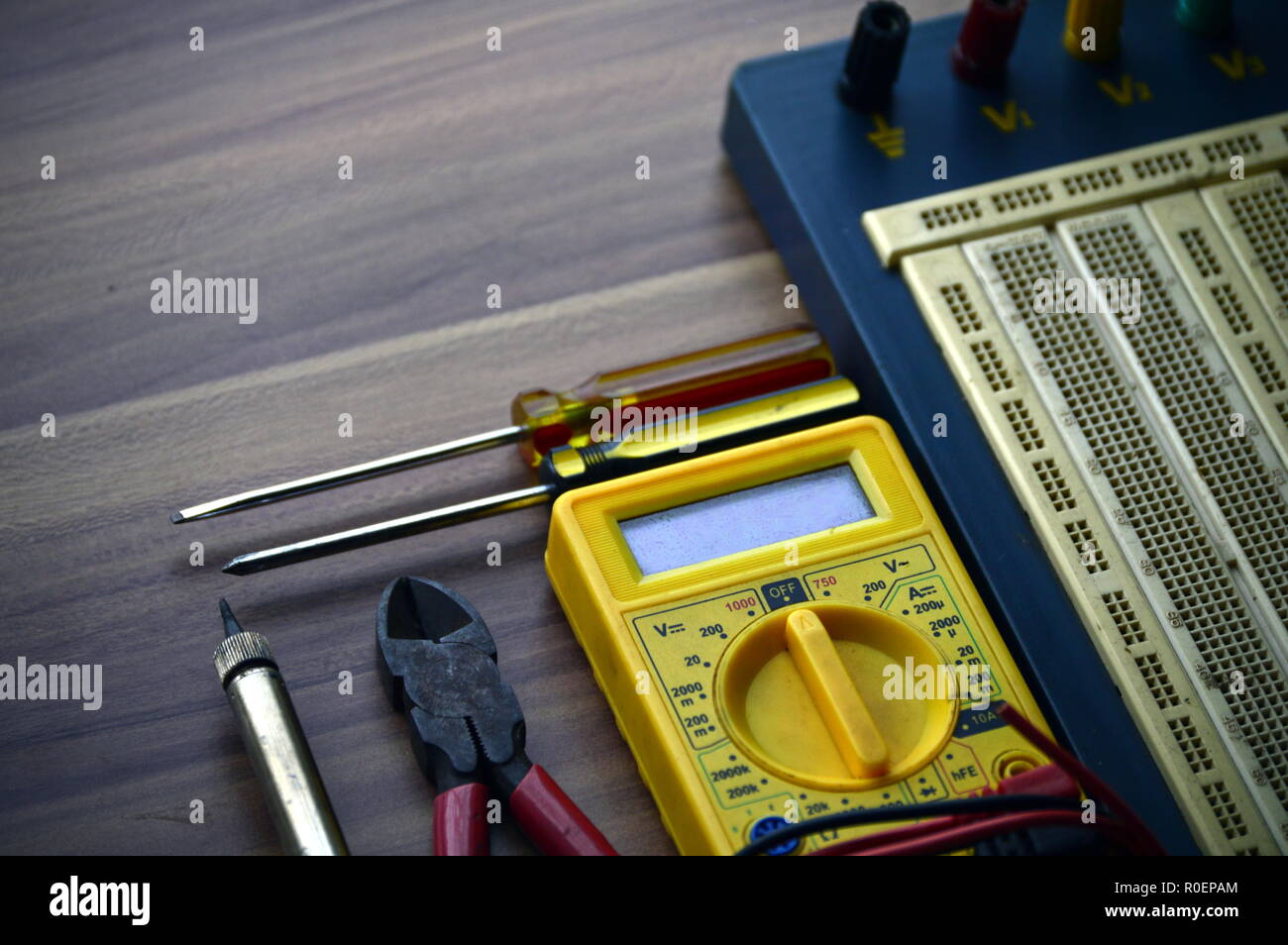 Technology objects background, electronic device on work table Stock ...