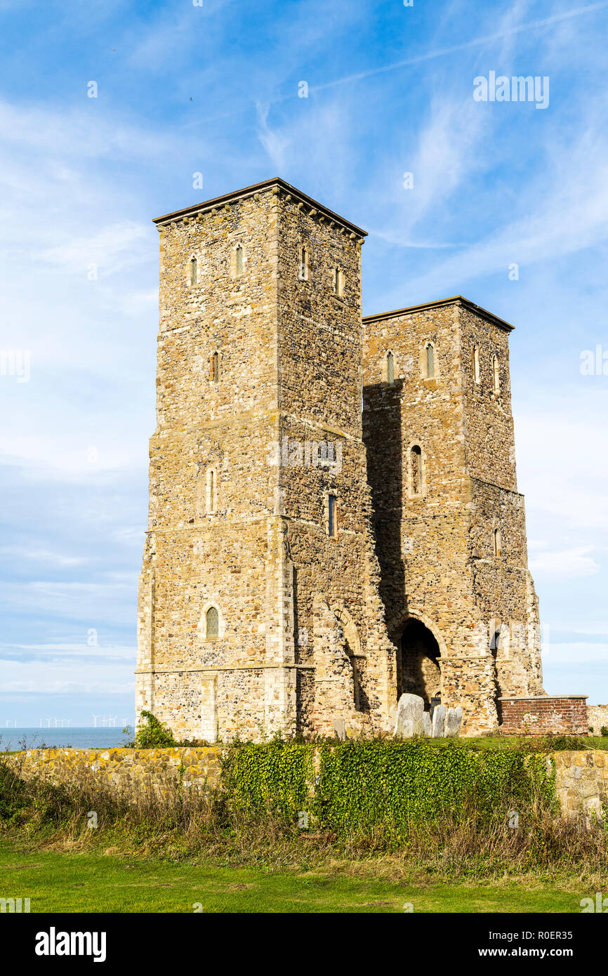 The twin towers of the ruins of the Anglo-Saxon church at Reculver on ...