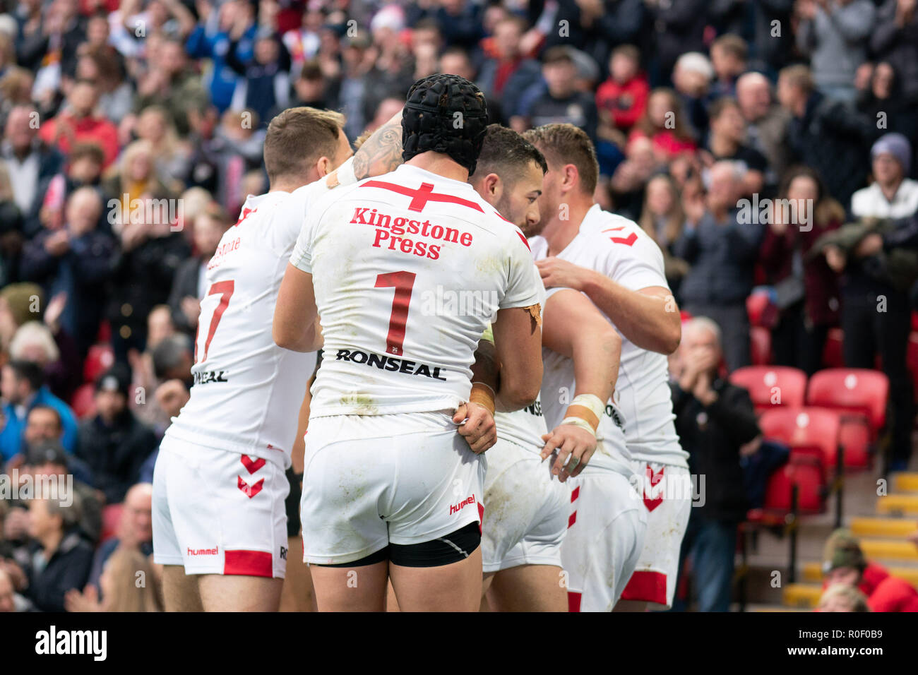 England's Tom Makinson celebrates scoring a try 4th November, Anfield ...