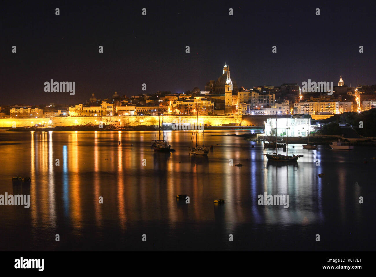 Night lights of Valletta Grand Harbour from Sliema, Malta Stock Photo ...