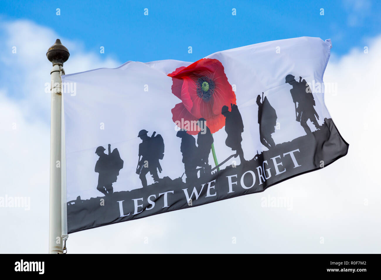 Lest we Forget flag blowing in the breeze at Swanage for remembrance ...