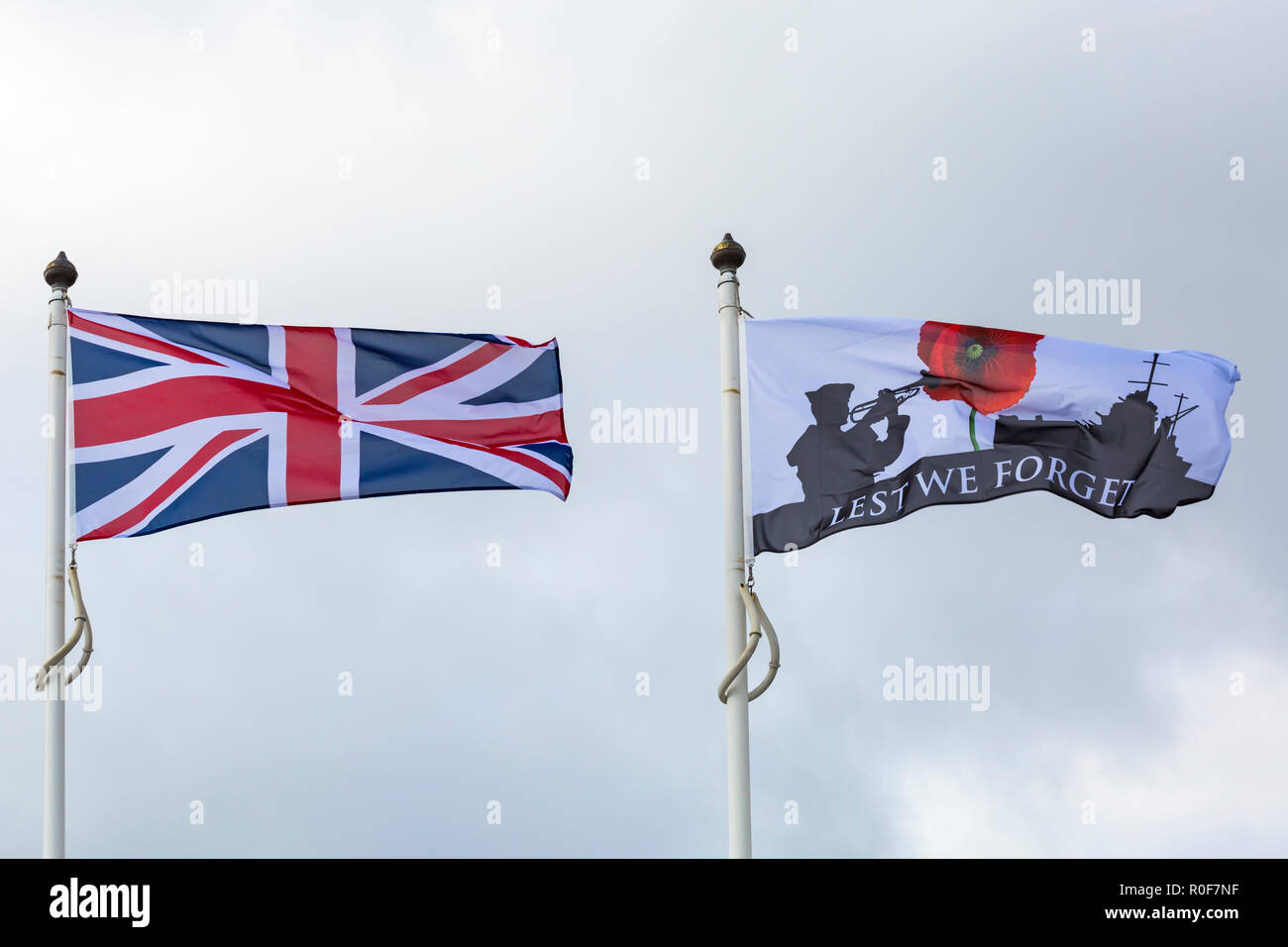 Union Jack & Lest we Forget flags at Swanage for remembrance and ...
