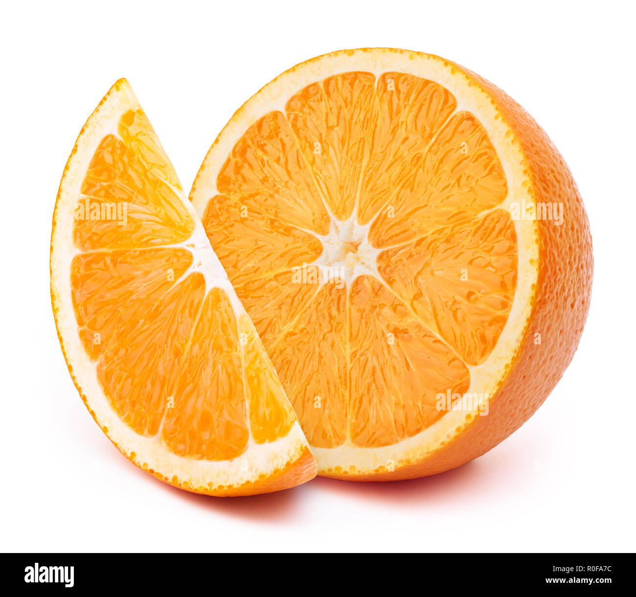 Perfectly retouched half of the orange with slice isolated on white ...