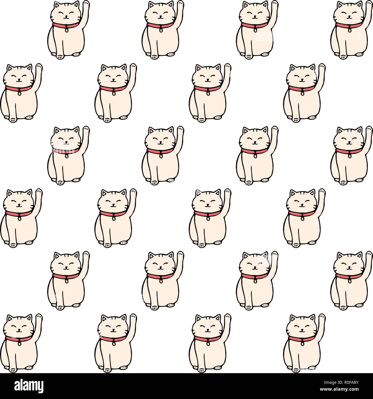 Vector hand drawn seamless pattern with white maneki neko lucky cats on the white background ...