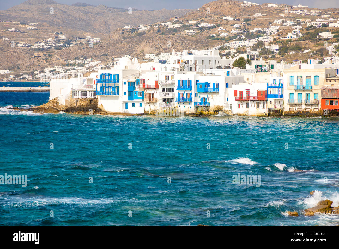 Famous Mykonos town colorfull little venice, Mykonos island, Cyclades ...