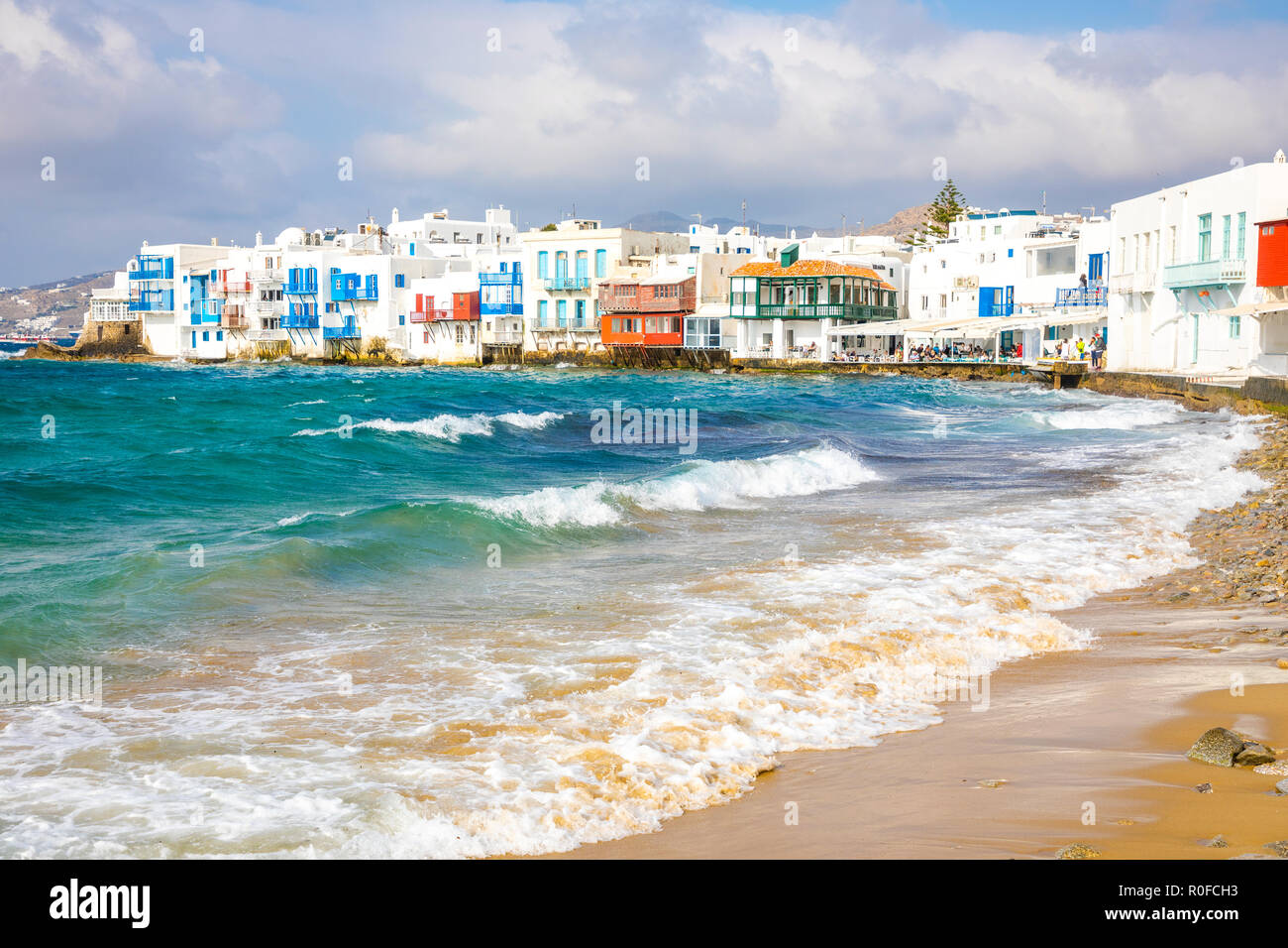 Famous Mykonos town colorfull little venice, Mykonos island, Cyclades ...