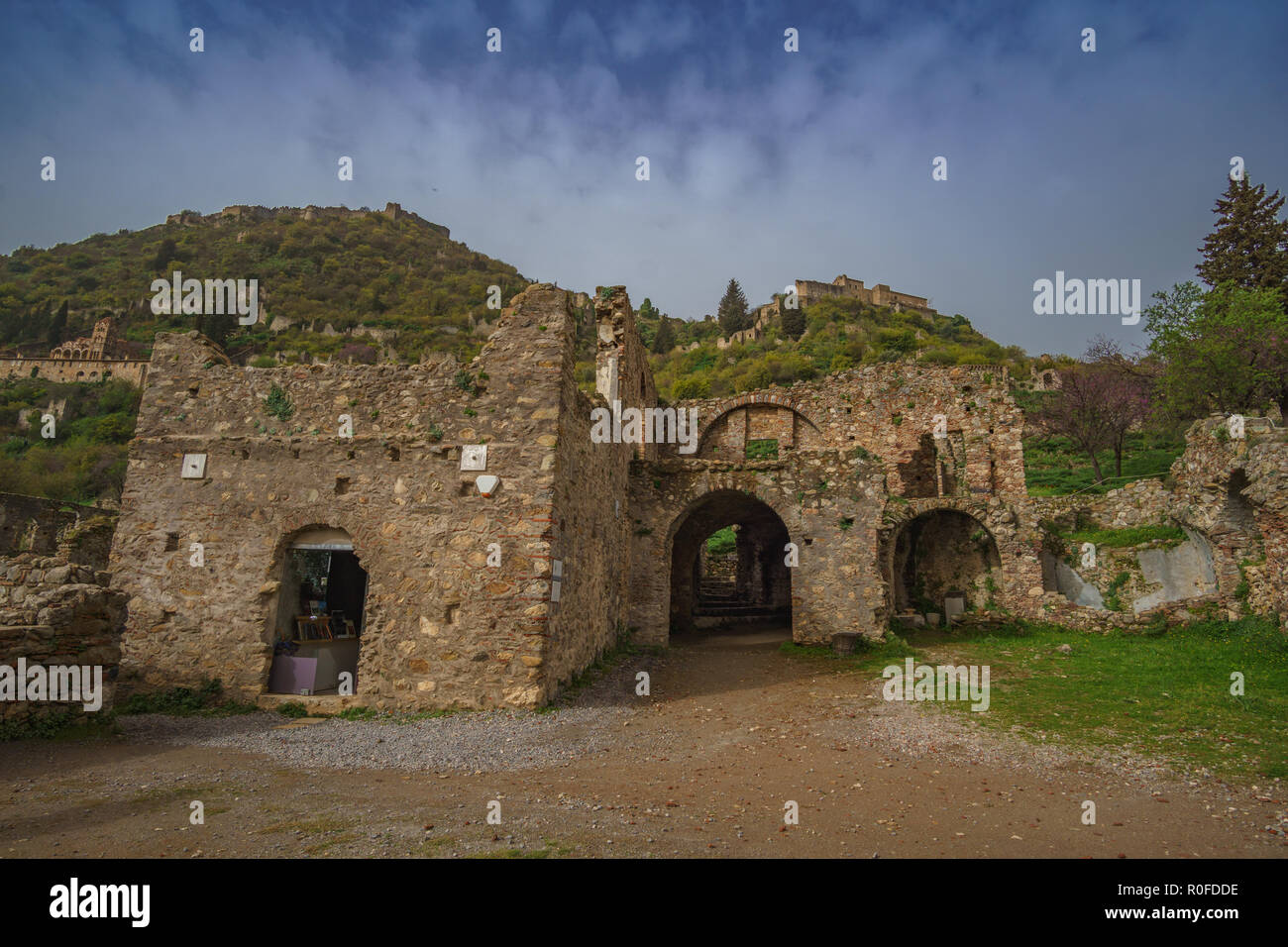 Ruins of the medieval Byzantine fortified castle town of Mystras ...