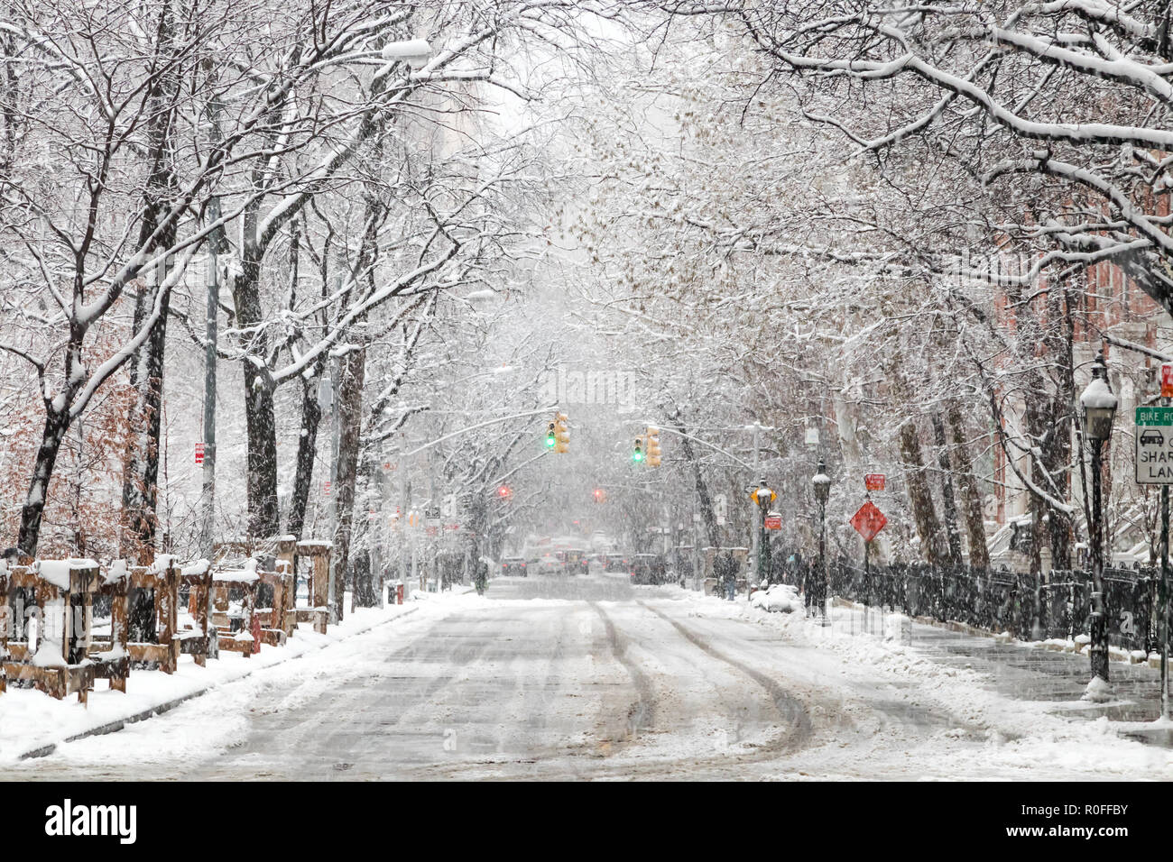 Snow covered street along Washington Square Park after a nor'easter ...