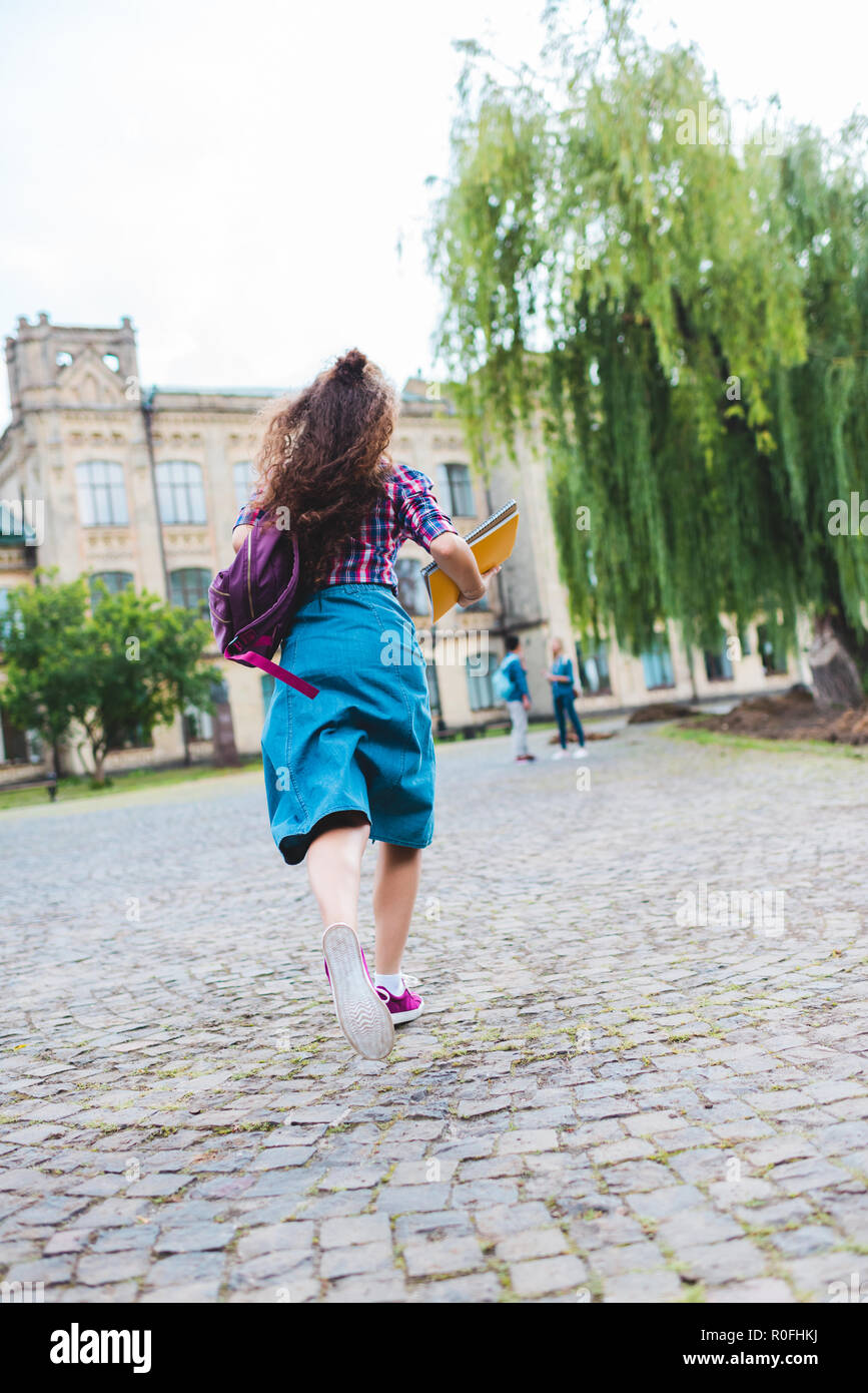 back view of young student with backpack and notebooks running on ...