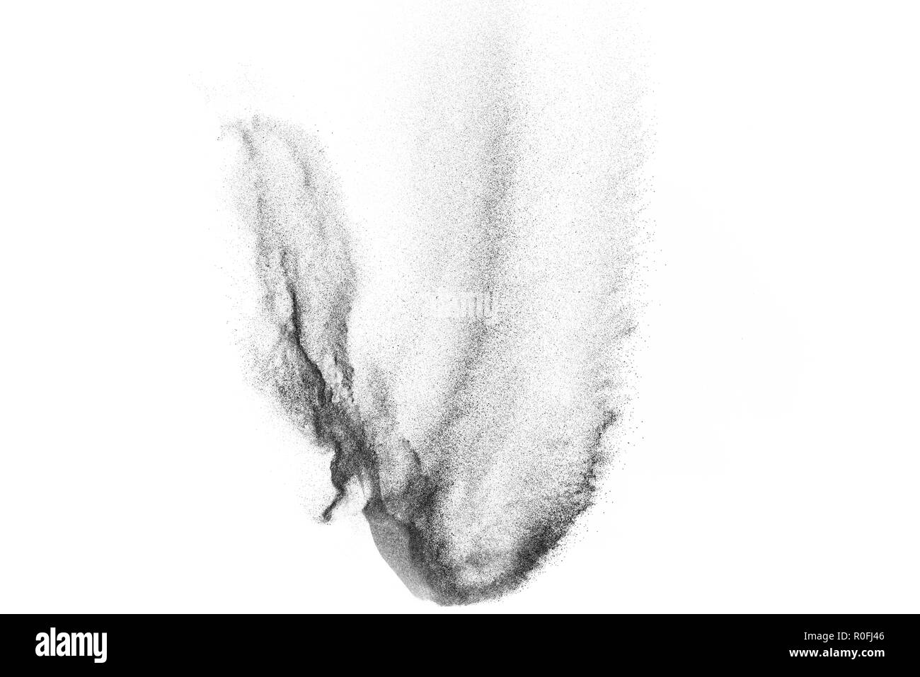 Black particles explosion isolated on white background. Abstract dust ...