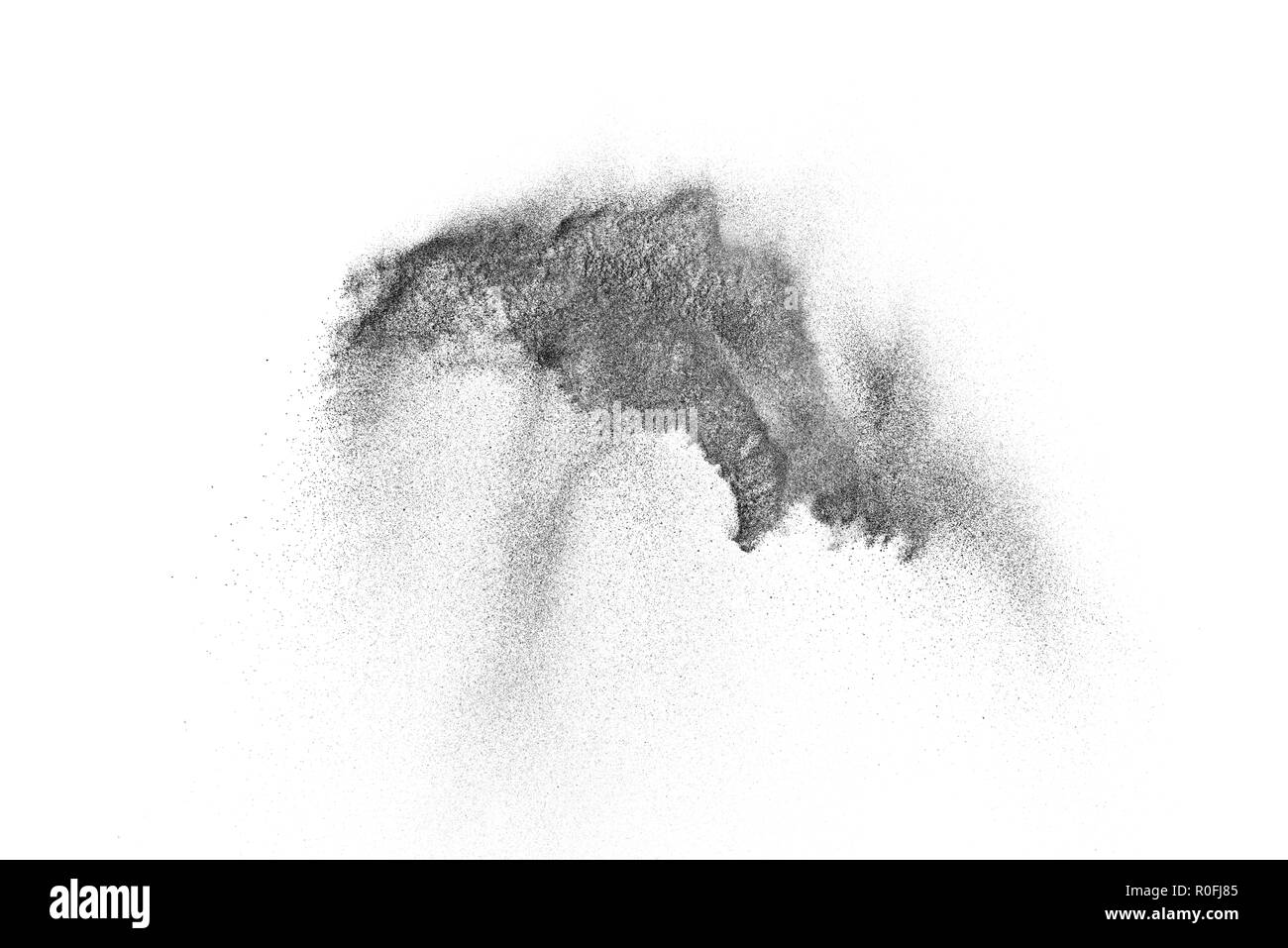 Black particles explosion isolated on white background. Abstract dust ...