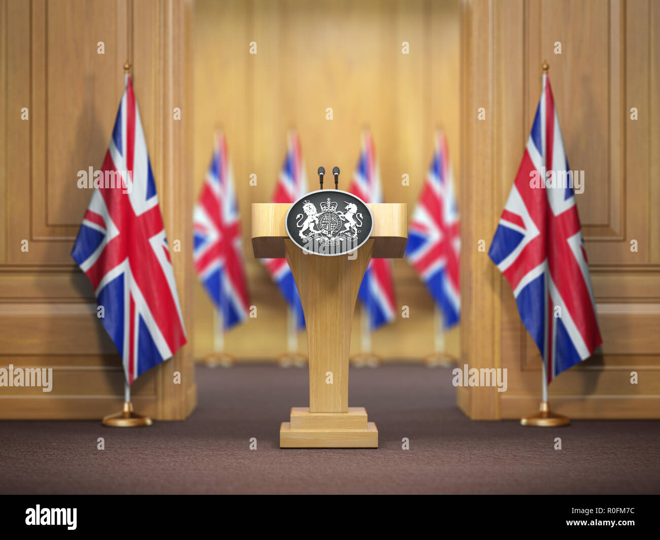 Briefing of prime minister or queen of UK Great Britain. Podium speaker ...