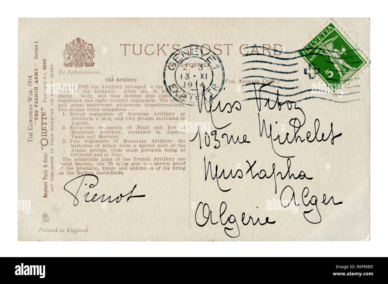 Back of historical English postcard (R0FM81) a letter with a green ...