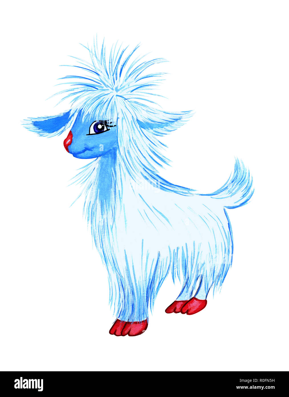 White-blue very fluffy goat on a white background is isolated. Drawn by ...
