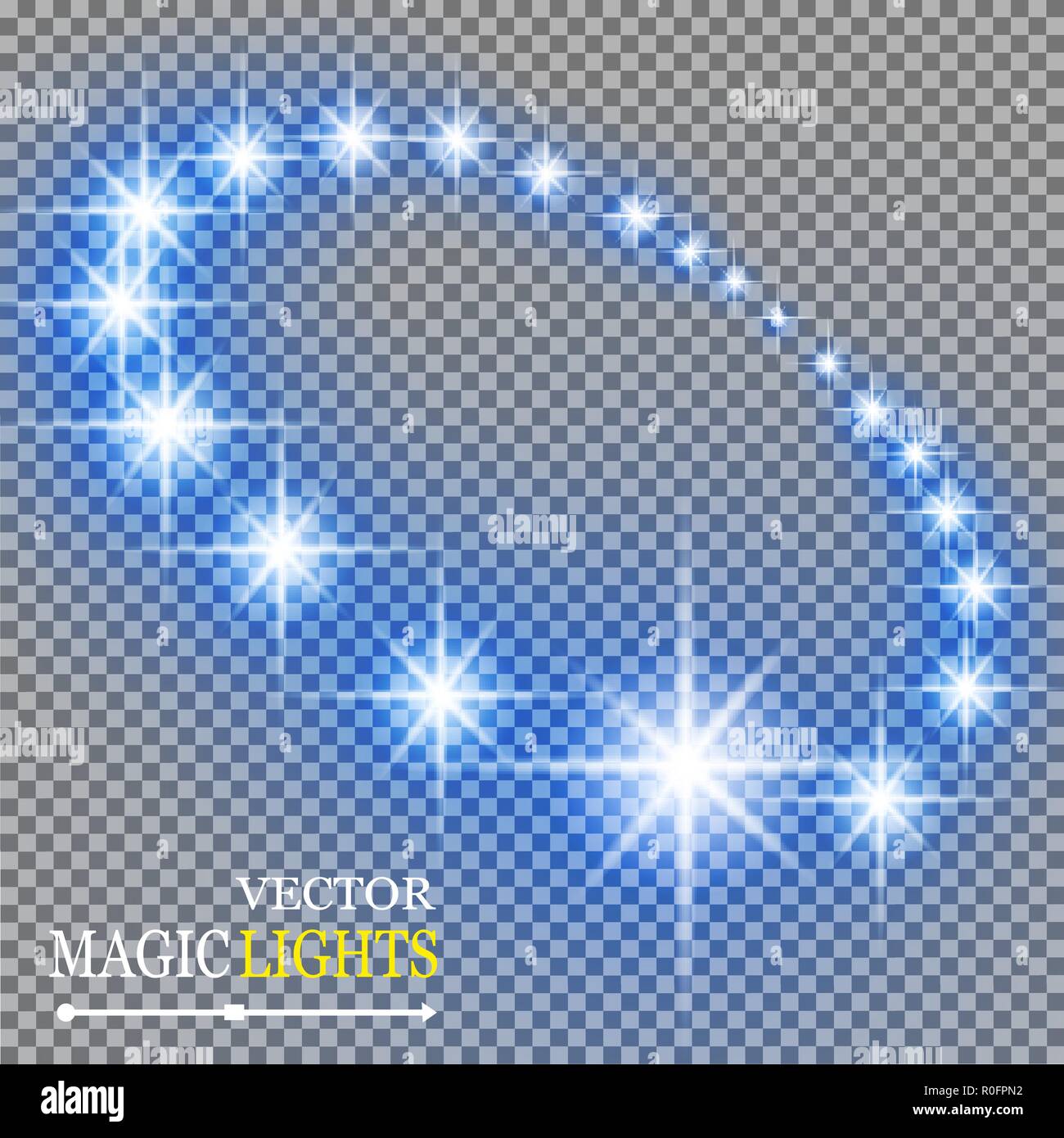 Set of golden glowing lights effects isolated on transparent background. Sun flash with rays and ...