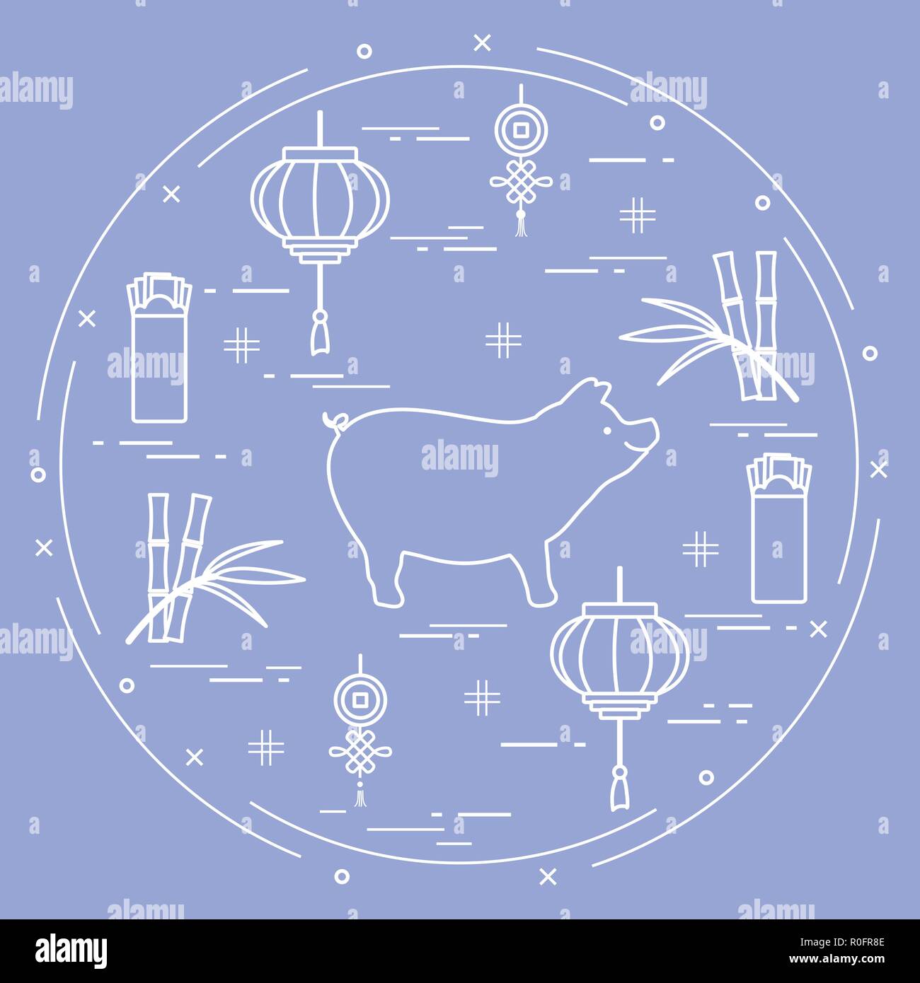 Happy New Year 2019 card. Chinese New Year symbols. Pig, lantern ...
