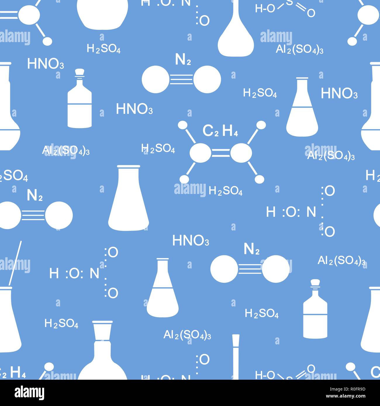 Scientific vector seamless pattern with flasks, beakers, molecule ...